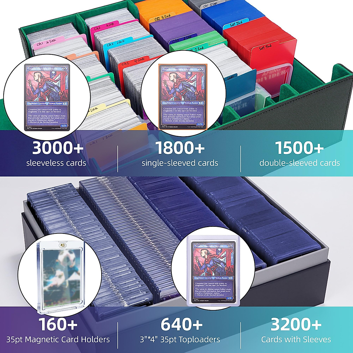AFIING Trading Card Storage Box 6000+ Capacity – DIY Toploader Case w/ 24 Dividers & 8 Supports, Fits 3x4 Rigid Card, Deck Box for MTG TCG Sports Cards– Black & Blue