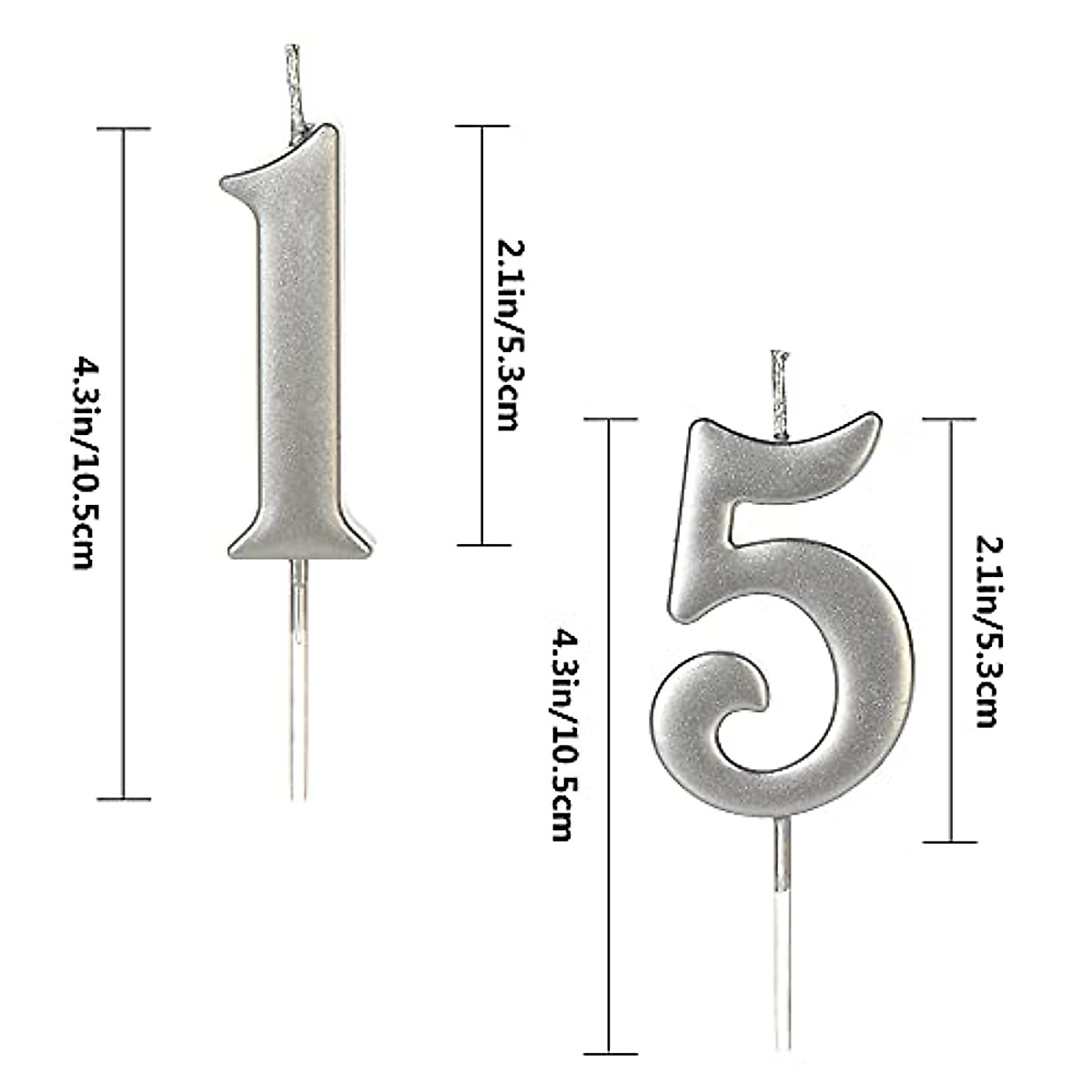 Silver 15th Birthday Candles for Cake, Number 15 1 5 Glitter Candle Party Anniversary Cakes Decoration for Kids Women or Men