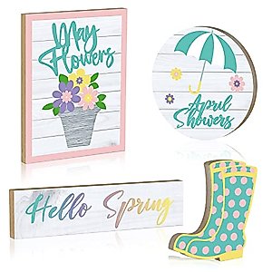 4 Pcs Hello Spring Home Wood Sign April Showers May Flowers Table Decor Signs Rain Shoes Umbrella Farmhouse Kitchen Table Decor Decorative Wooden Signs for Home Decor Spring Party Decorations