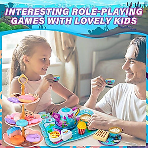 48PCS Tea Party Set for Little Girls - Princess Tea Time Mermaid Theme Tin Tea Set, Role-Playing Teapot Dessert Carrying Box for Girls Ages 3+ Party Gifts, Kitchen Pretend Play, Table-Manner Learning