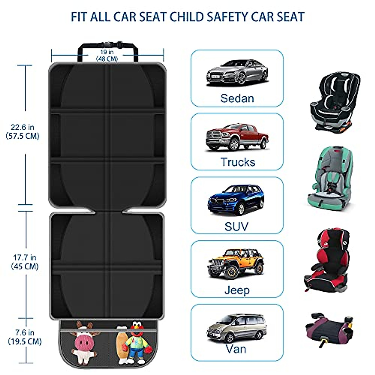 J&C Car Seat Protector for Child Carseat Waterproof Baby Car Seat Protector with Thickest Padding， Non-Slip Backing 2 Pockets, Fit for SUV Sedan Leather Seats