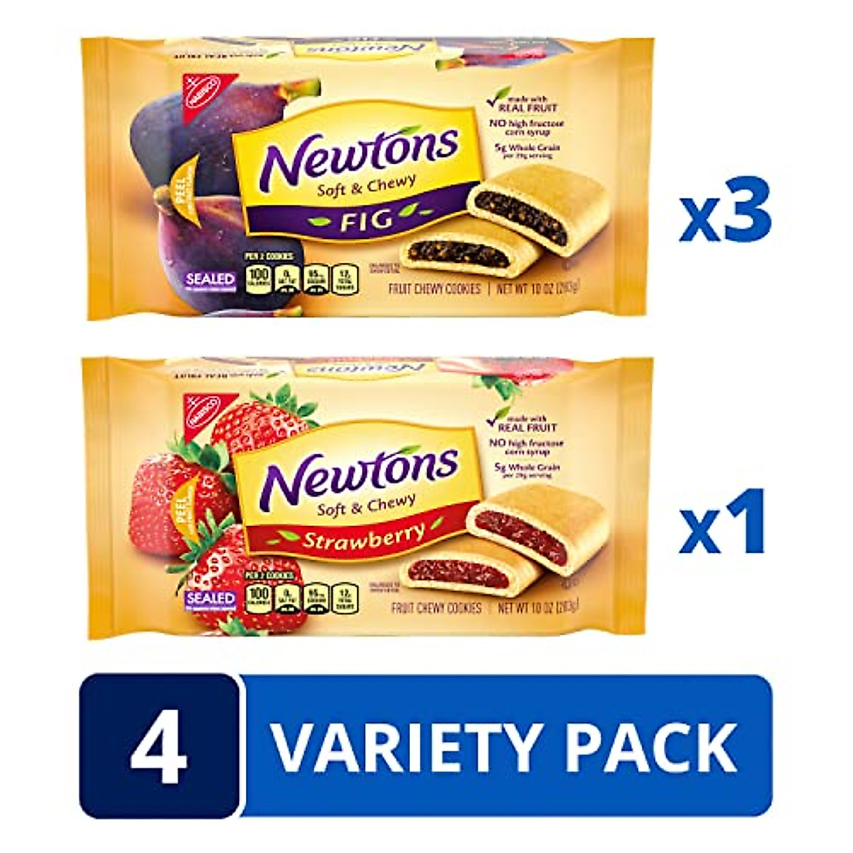 Newtons Soft & Chewy Cookies Variety Pack, Newtons Fig Cookies and Strawberry Cookies, 4 Packs