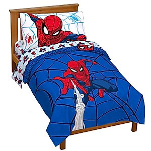 Jay Franco Marvel Spiderman Webtastic 4 Piece Toddler Size Bed Set – Super Soft Microfiber Bed Set Includes Toddler Size Reversible Comforter & Sheet Set Bedding (Official Marvel Product)