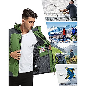 Mens Winter Jackets Ski Snow Coats Warm Fleece Lined Waterproof Windbreaker Softshell Hooded Jackets Raincoats Green 2XL