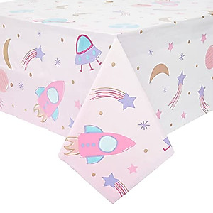 BLUE PANDA 3 Pack Pink Plastic Space Table Cover for Girls Outer Space Birthday Party Supplies (54 x 108 in)