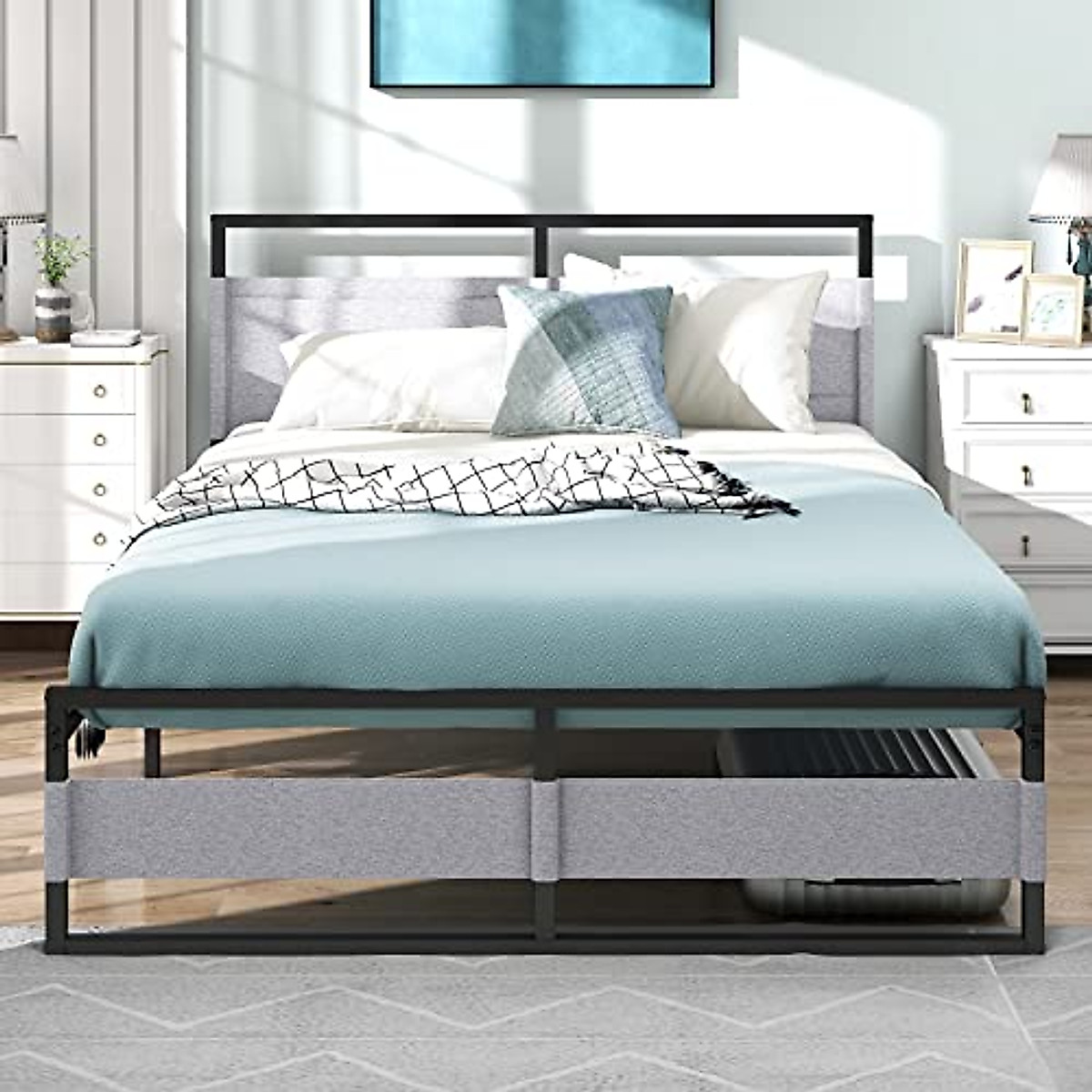 LIFERECORD Queen Metal Platform Bed Frame with Headboard and Pocket, Heavy Duty Steel Slat Bed No Box Spring Needed Noise Free Modern