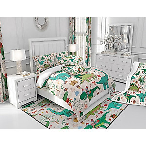 Cute Dinosaur Duvet Cover Set Full Size,Christmas Theme Dinosaur Bedding Set 3Pcs for Kids Girls Boys,Cartoon Xmas Tree Snowman Comforter Cover Xmas Animal Quilt Cover Teens Room Decor,2 Pillowcases