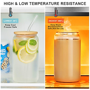 Pouheshi 4pcs Glass Cups with Lids and Straws, 16OZ Beer Can Shaped Drinking Glasses Set, Iced Coffee Cup, Glass Tumbler with 1 Cleaning Brush, Ideal for Cocktail, Whiskey, Tea