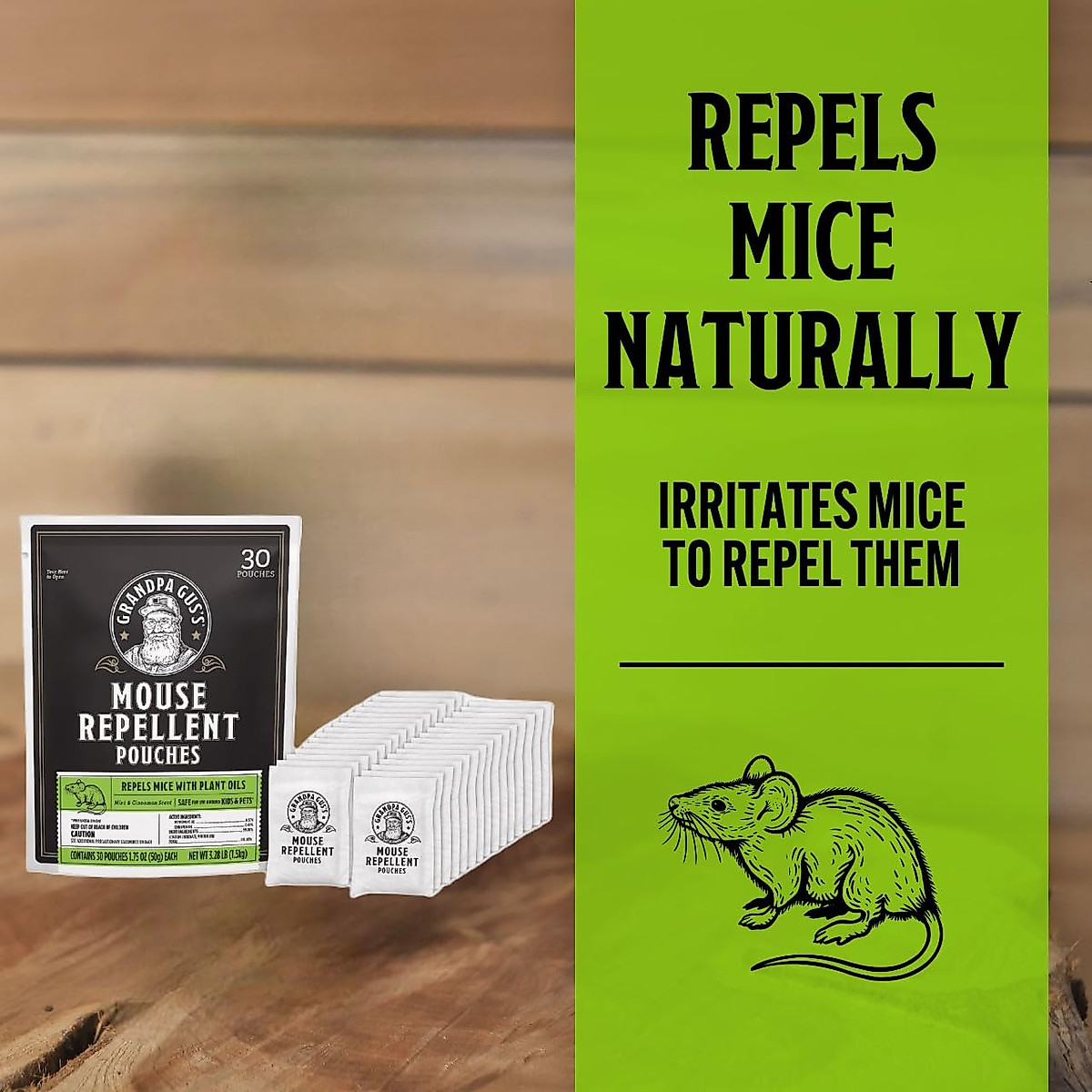 Grandpa Gus's Natural Mouse Repellent Pouches, Cinnamon/Peppermint Oils Repel Mice from Nesting & Freshen Air in Home/Cabin/Boat/Car/Storage/RV/Machinery/Shed, 1.75 Oz (30 Pouches)