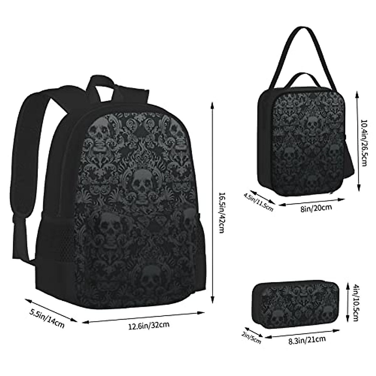 Carlonge Black Skull Gothic School Backpack for Boys Girls Teen 3 Pieces Set Cute School Bag with Lunch Bag Pencil Case, One Size