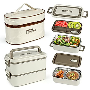 Keweis Bento Box Adult Lunch Box, Portable Insulated Lunch Containers Set, 2-Tier Stackable Stainless Steel Bento Boxes with Thermal Lunch Bag Soup Bowl, Leakproof Food Container