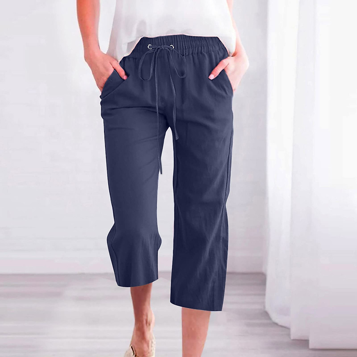 White Dress Pants for Women Capri Pants Casual 2023 Summer Drawstring Elastic High Waist Linen Pant Straight Wide Leg Cropped Trouser