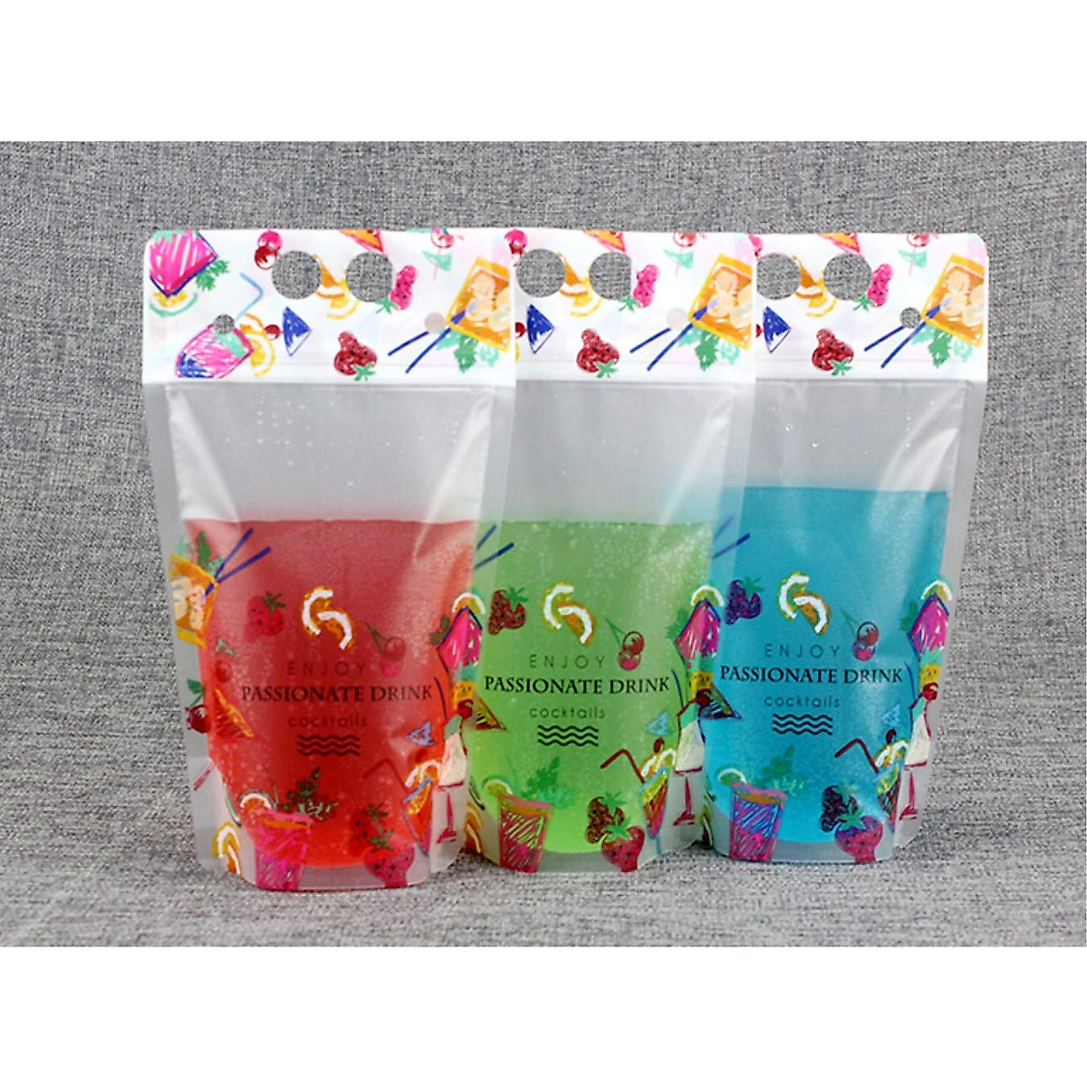 LASLU Zipper Clear Stand-Up Pouches Bags with Plastic Straw,8mil Heavy Duty Hand-held Drinking Bags 1.5" Bottom Gusset, 100 Pack (400ml, Fruits)