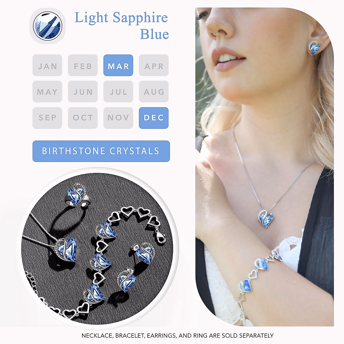 Leafael Necklaces for Women, Infinity Love Heart Pendant with Light Sapphire Blue Birthstone Crystal for March & December, Jewelry Gifts for Wife, Silver Plated 18 + 2 inch Chain, Her Mom's Birthday