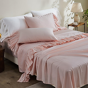 Simple&Opulence 100% Organic Cotton Sheet Set, Long Ruffle Bed Sheets (1 Flat Sheet, 1 Fitted Sheet and 1 Pillowcase) Elegant Shabby Chic Bedding Farmhouse Charming Vintage - Pink, Twin