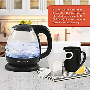 Elite Gourmet EKT1001 Maxi-Matic 1L Glass Electric Tea Kettle Hot Water Heater Boiler BPA-Free with Blue LED Interior Fast Boil and Auto Shut-Off, Black