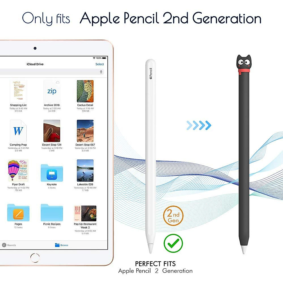 Case for Apple Pencil 2nd Generation Case Soft Silicone Sleeve Cute Cat Design Holder Protective Cover Accessories Compatible with iPad Pencil 2nd Gen Plus Nib Cover (Black)