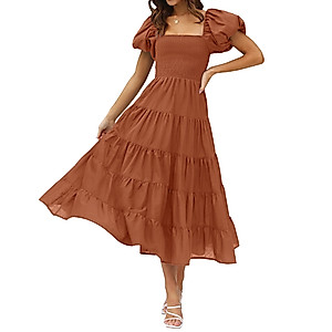 ZESICA Women's 2025 Summer Square Neck Short Puff Sleeve Solid Color High Waist Casual Smocked Flowy A Line Tiered Midi Dress,Rust,Small