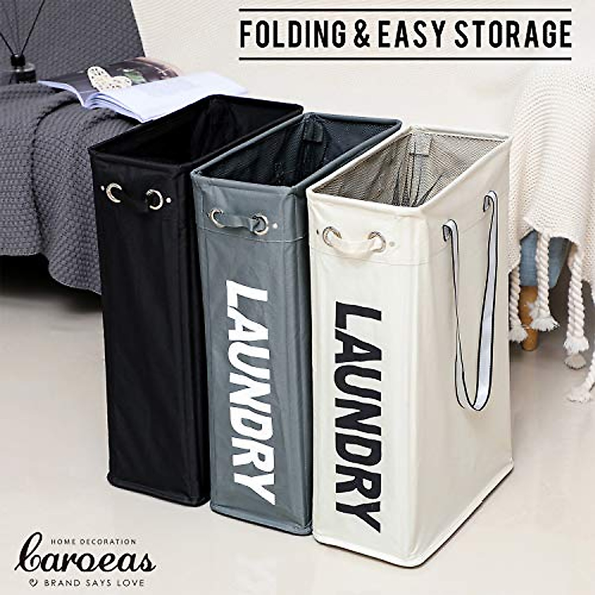 Cloth Clothes Basket, Caroeas 24" Handy Hanging Laundry Basket Tall & Slim Hamper Waterproof Laundry Bag Collapsible Travel Laundry Bag with Breathable Mesh Cover & Soft Handle Laundry Hamper (Grey1)