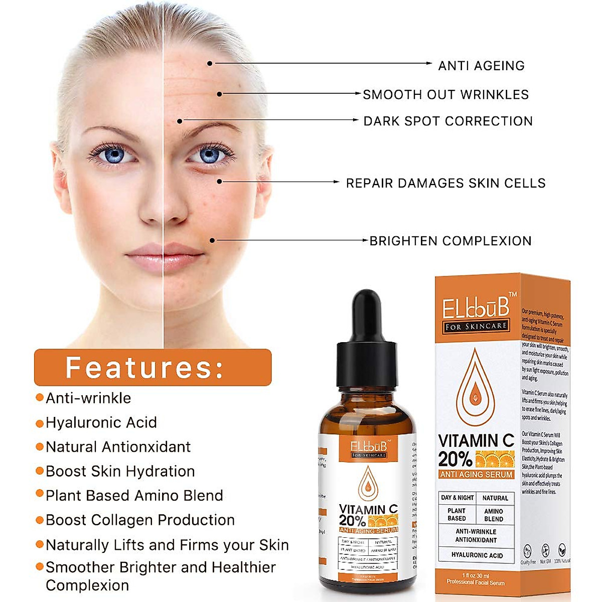 Premium 20% Vitamin C Serum For Face with Hyaluronic Acid, Retinol & Amino Acids - Boost Skin Collagen,Hydrate & Plump Skin, Anti Aging & Wrinkle Facial Serum