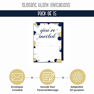 Navy and Gold Invitations with Envelopes (15 Pack) All Occasion Invites for Boys Baby Shower, Graduation, Birthday, Retirement, Luncheon – Royal Theme Abstract Dot – Blank 4x6 Card Set Printed