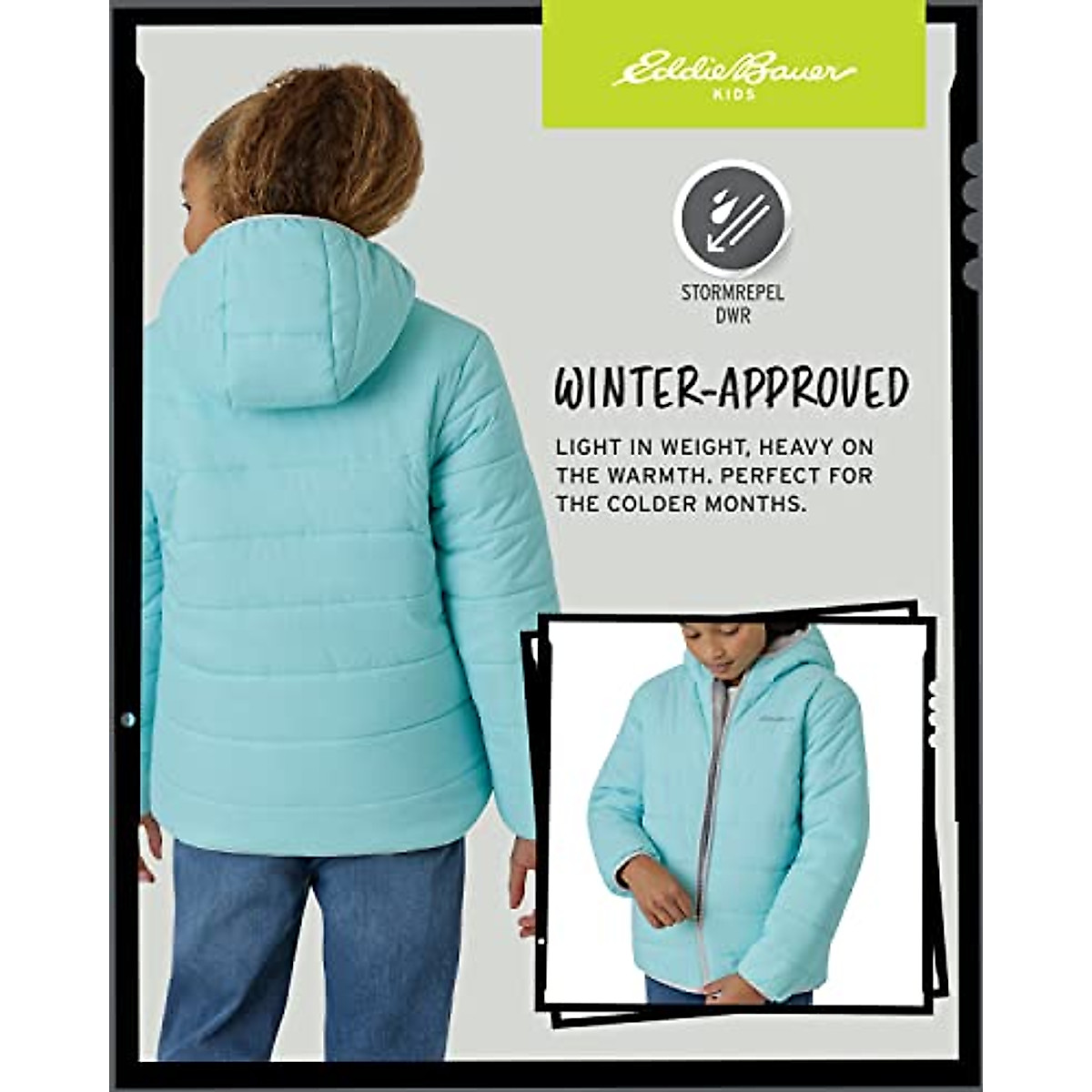 Eddie Bauer Girls' Reversible Jacket - Deer Harbor Waterproof Lightweight Puffer Coat with Faux Shearling Lining (5-20), Size 5/6, Aqua