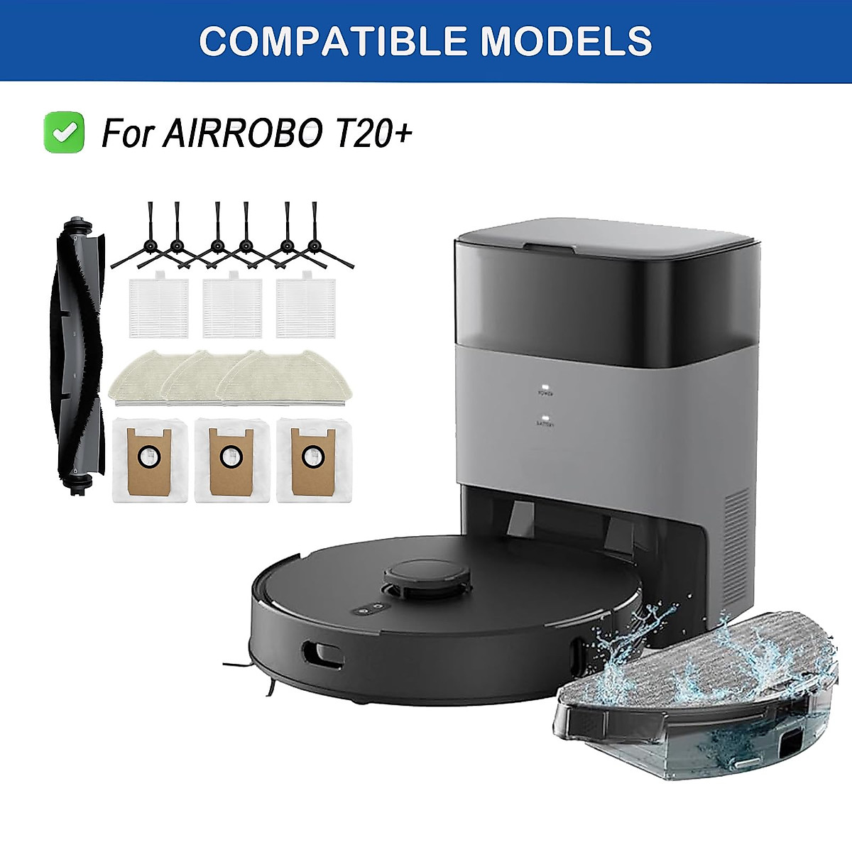Replacement Parts for Airrobo T20+ Robot Vacuum Accessories Kit, Inclue1 Main Brush 3 HEPA Filters 3 Mop Pads 3 Dust Bags 6 Side Brushes（16 Pack ）