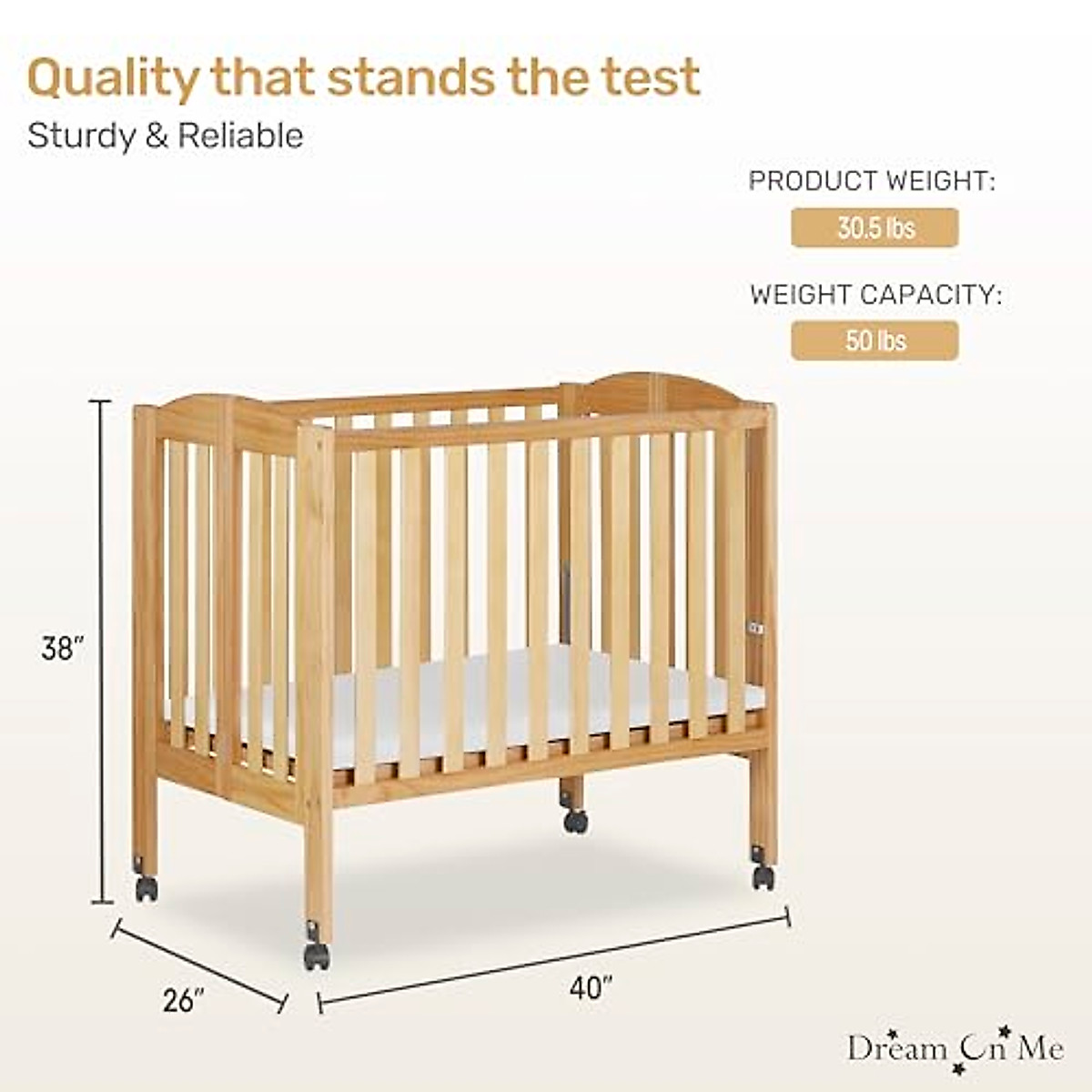 Dream On Me 2 in 1 Portable Folding Stationary Side Crib in Natural, Greenguard Gold Certified , 40x26x38 Inch (Pack of 1)