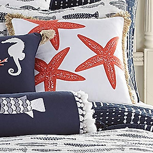 Levtex Home - Bakio - Decorative Pillow (18X18in.) - Embroidered Starfish in Coral and White - Coral and White with Taupe Fringe