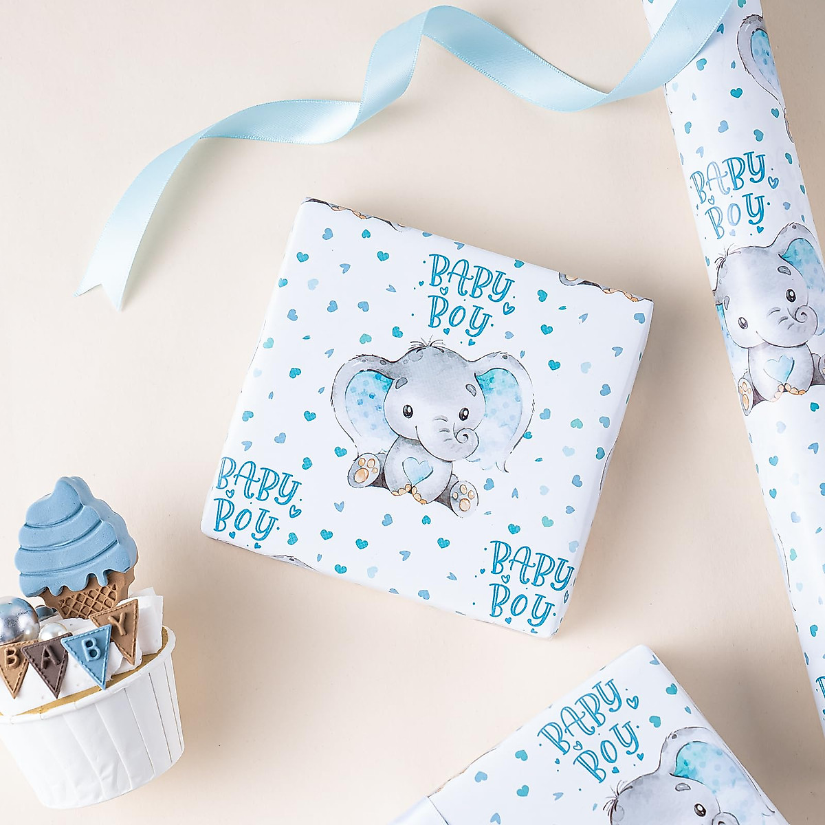 WRAPAHOLIC Baby Boy Wrapping Paper - Mini Roll - 17 Inch X 33 Feet - Adorable Blue Elephant Design for Baby Shower, Party, Holiday