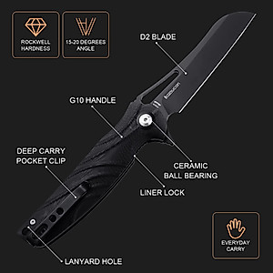 SHIELDON Bazoucan EDC Pocket Knife, 3.43" D2 Blade with Titanium Coating, G10 Handle Folding Knife with Liner Lock for Everyday Carry