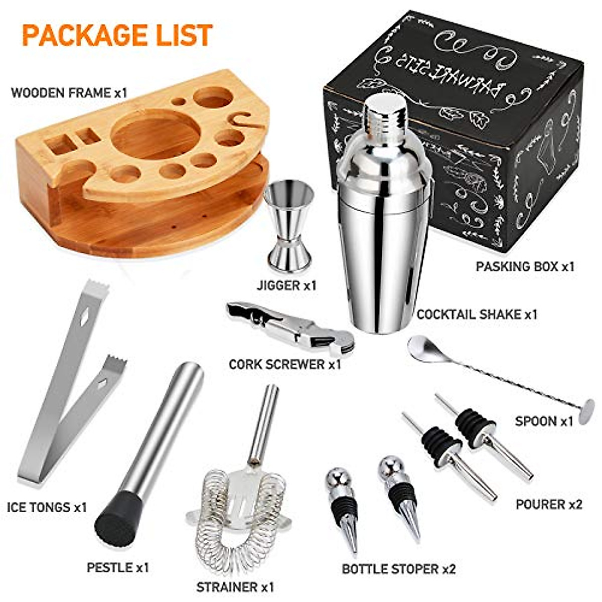 BestGK Bartender Kit Cocktail Shaker Set, Perfect Home Bartending Kit with Stylish Stand, 25oz Stainless Steel Martini Shaker with Cocktail Recipes Booklet