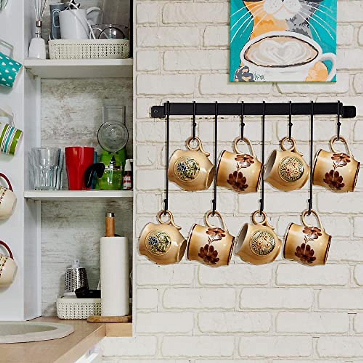 EGMEHOAD Coffee Mug Holder Wall Mount Black, Coffee Cup Holder Wall Mounted 8 Cups, Coffee Mug Rack Wall Mounted