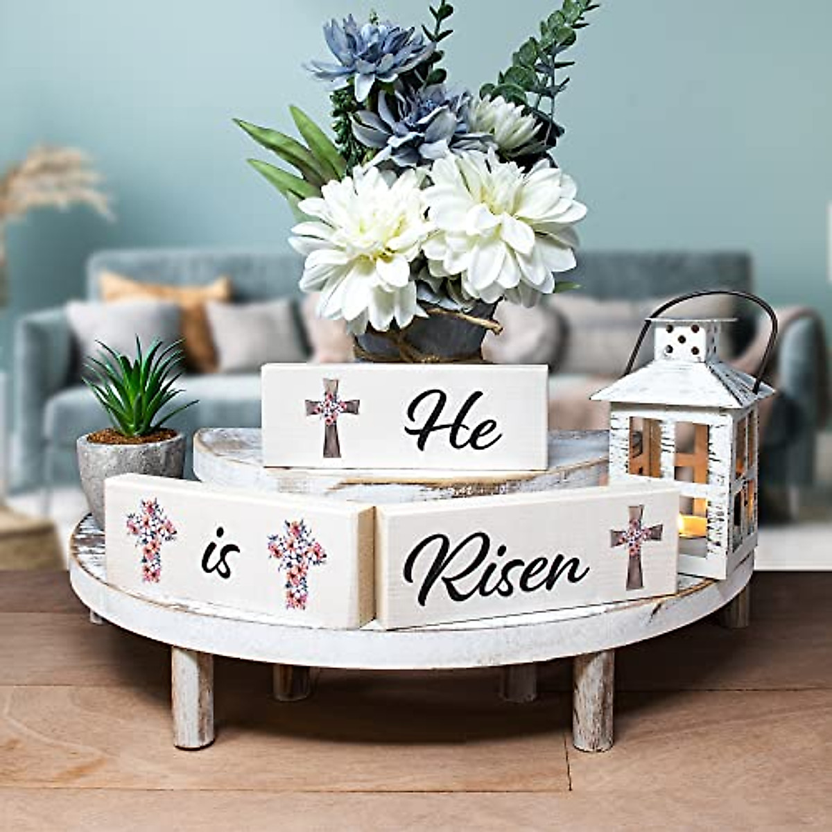 JennyGems He Is Risen Wooden Sign Set and Easter Decor, Tiered Tray and Tabletop Easter Decorations, Christian Easter, Made in USA