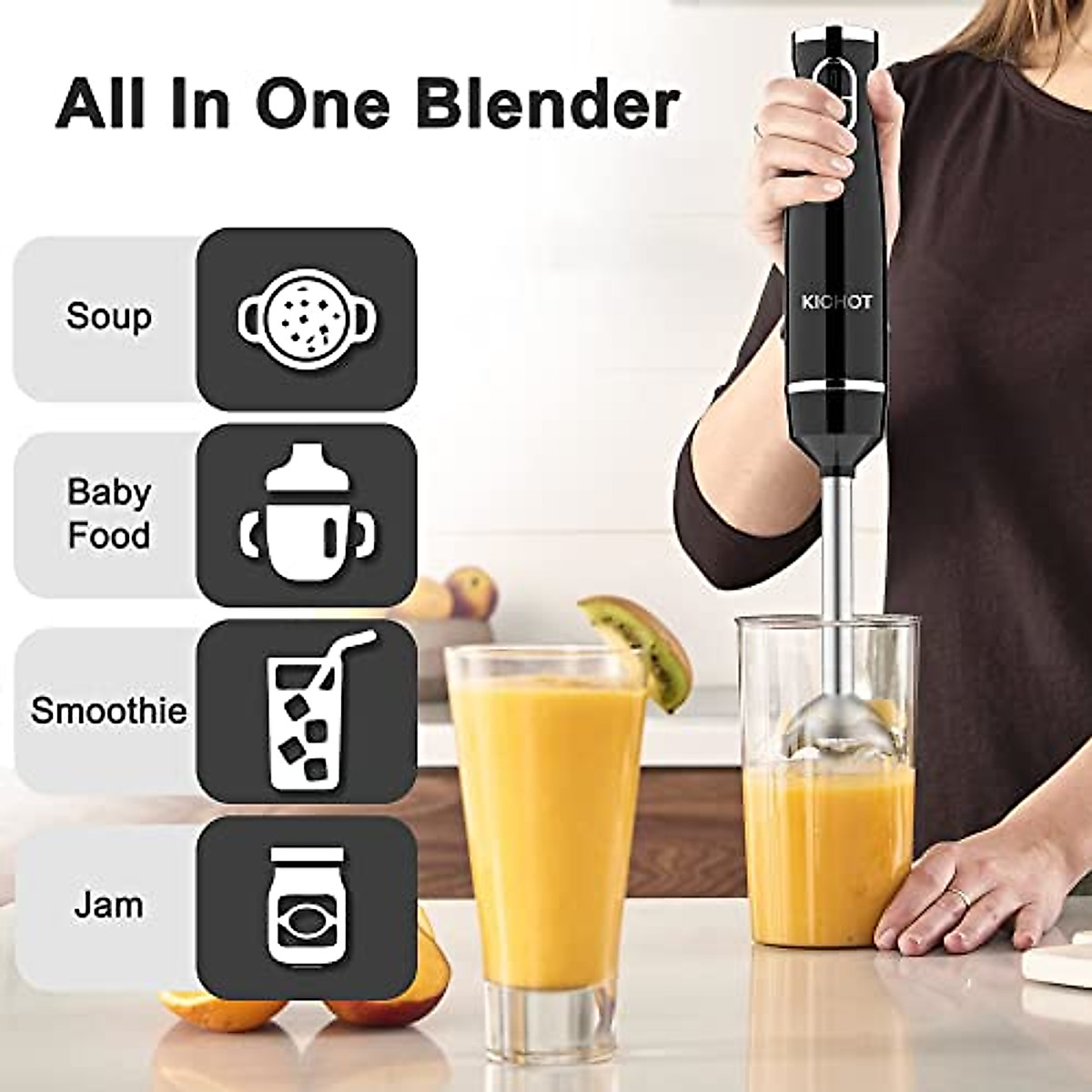Kichot Emersion Hand Blender, 1000W 4 In 1 Electric Stick Blender for Kitchen with Food Chopper, Egg Whisk, Stainless Sticker, 600ml Mixing Beaker for Smoothies, Soups, Sauces, Baby Food ( Black)