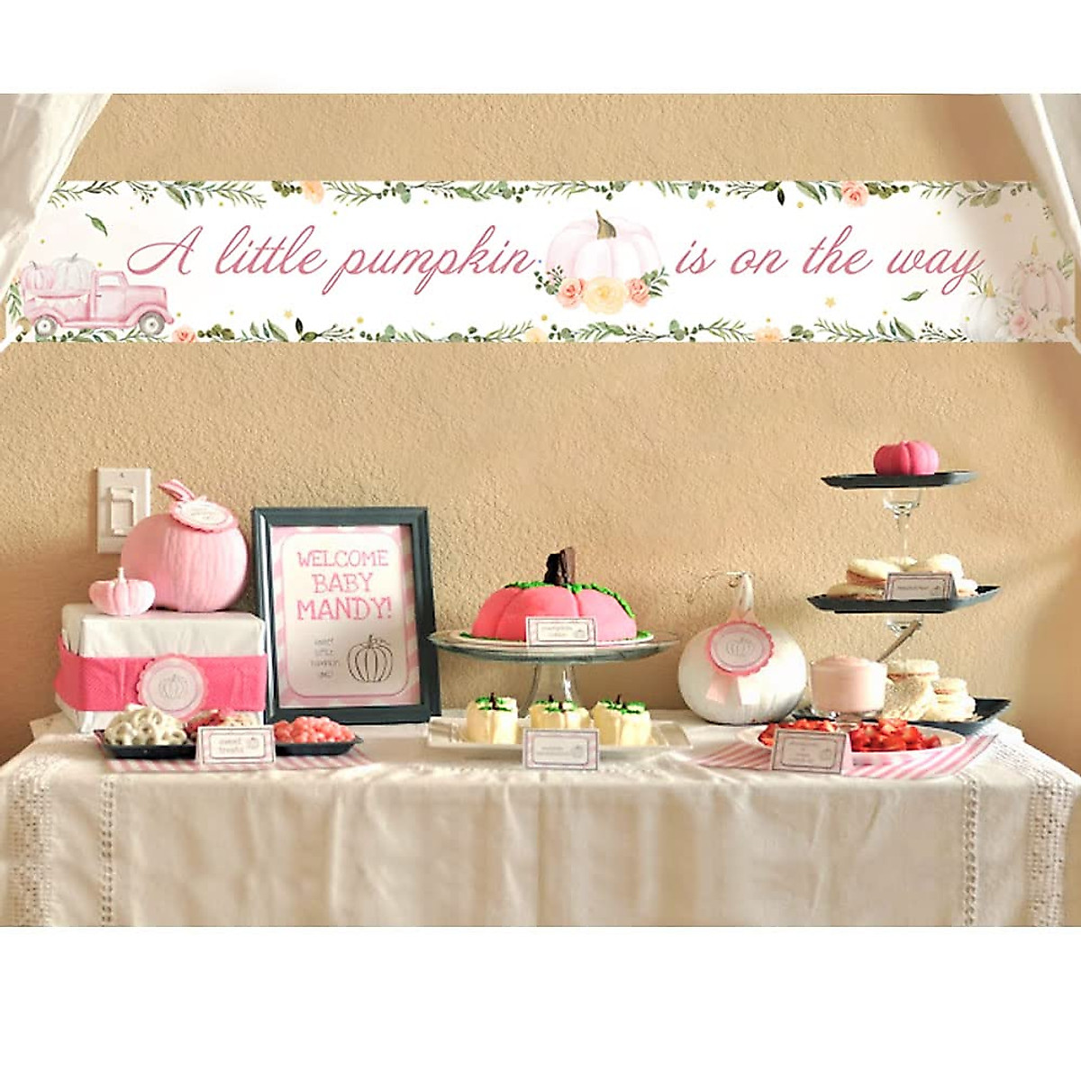 A Little Pumpkin is On the Way Banner, Fall Theme Pumpkin Baby Shower Gender Reveal Birthday Party Decorations Supplies (Pink)