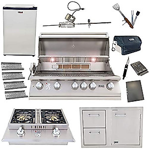 Lion 40-Inch Natural Gas Grill L90000 with 4 Ceramic Tubes w/ Flame Tray and Door and Drawer Combo and Double Side Burner and Refrigerator and 5 in 1 BBQ Tool Set Best of Backyard Gourmet Package Deal
