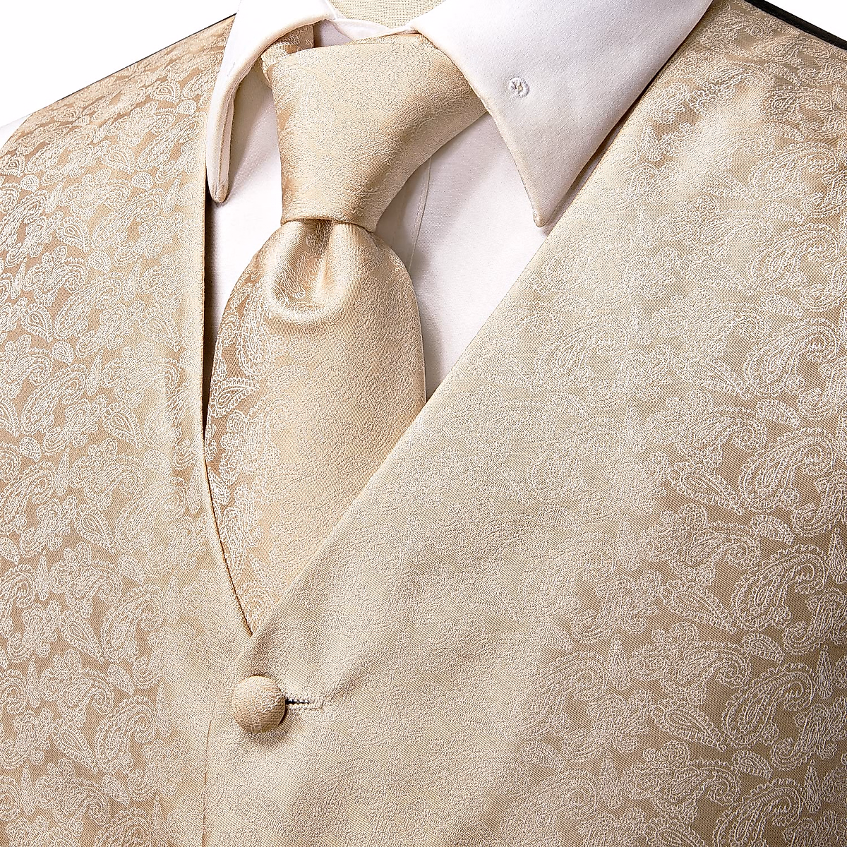 Hi-Tie 5PCS Vest Necktie Handkerchief Cufflinks Lapel Pin Set Jacquard Silk Formal Dress Vest Suit Set for Tuxedo,Champagne Paisley,X-Large