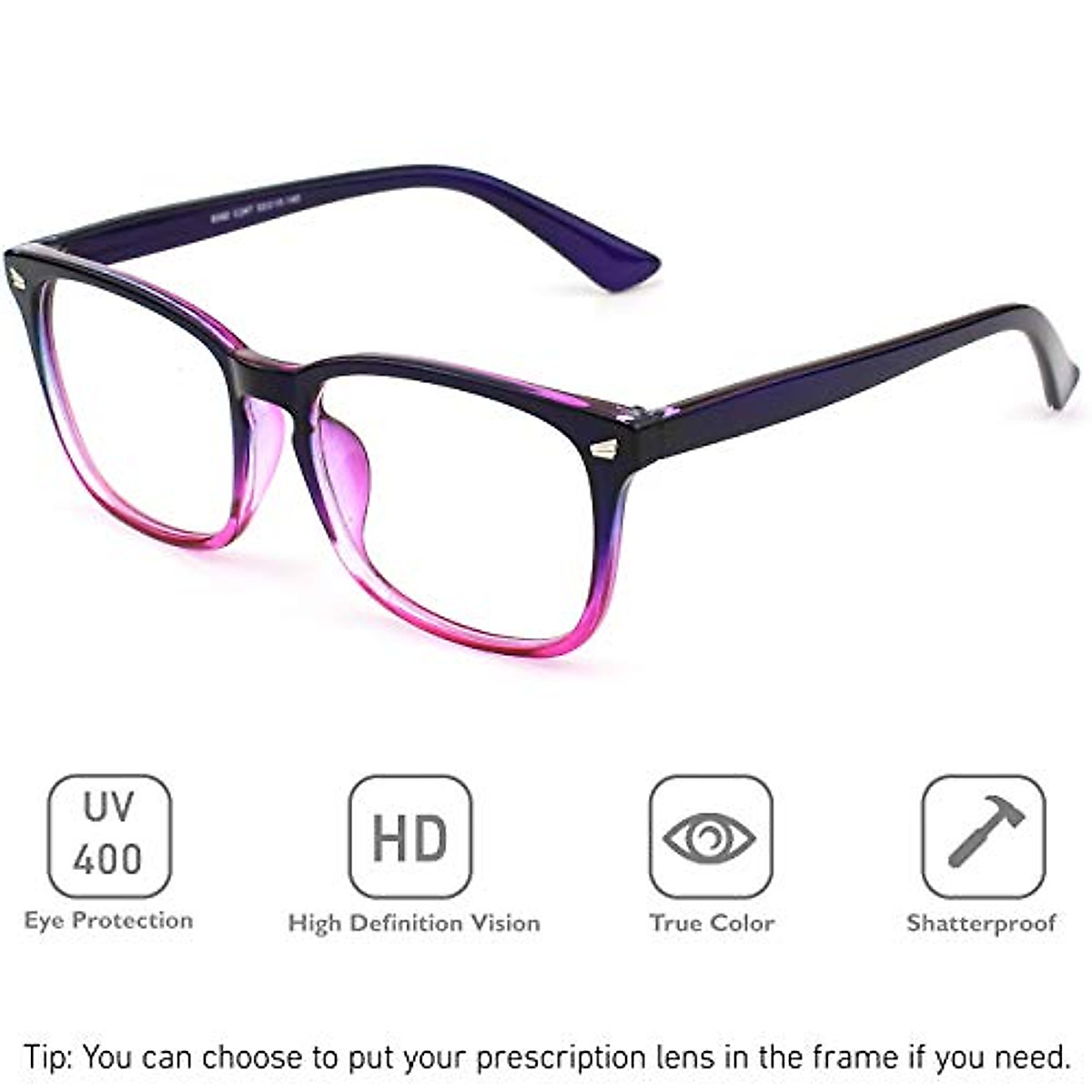 GQUEEN Fashion Glasses Non Prescription Fake Glasses for Women Men Clear Lens Gradient Purple, 201582
