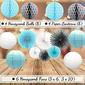 166 Piece Baby Shower Decorations for Boy, Elephant Style | It's A BOY | Garland Bunting Banner, Paper Lanterns, Honeycomb Balls | Tissue Paper Fans | Blue Grey White