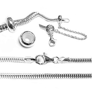 Queenberry Sterling Silver 3mm Snake Bracelet with Safety Chain & Stoppers for European Bead Charms, 7''