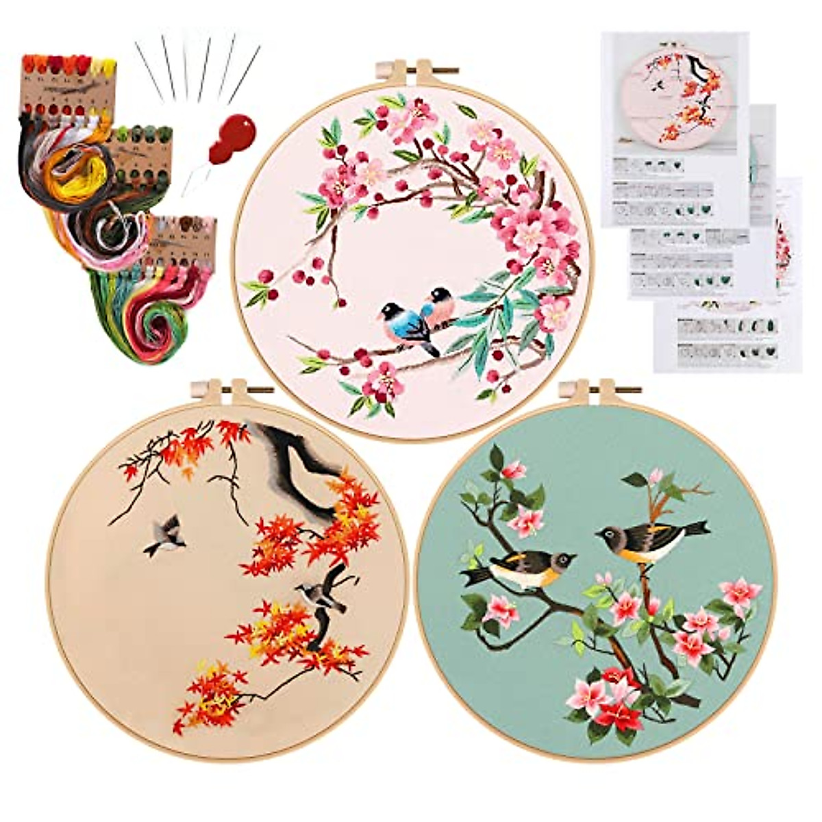 Anidaroel 3 Sets Embroidery Starters Kit for Beginners, Cross Stitch Kits for Adults Include 3 Embroidery Cloth with Birds Pattern, 1 Embroidery Hoop, Color Threads and Needles