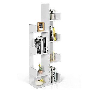 Giantex Wooden Bookcase, Tree-Shaped Modern Display Bookshelf w/ 8 Storage Shelves, Anti-Toppling, 8 Tier Freestanding Decorative Storage Organizer Shelves for CDs Movies Books Plant, White