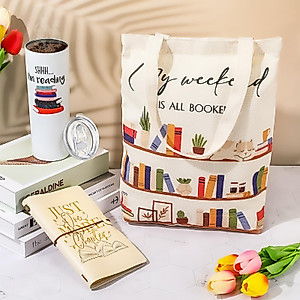 Fuutreo Set of 3 Book Lovers Gifts for Library Lovers' Day Include 20 oz Stainless Steel Tumbler with Lid I'm Reading Library Canvas Tote Bag Leather Journal for Student Teacher Reader Gift