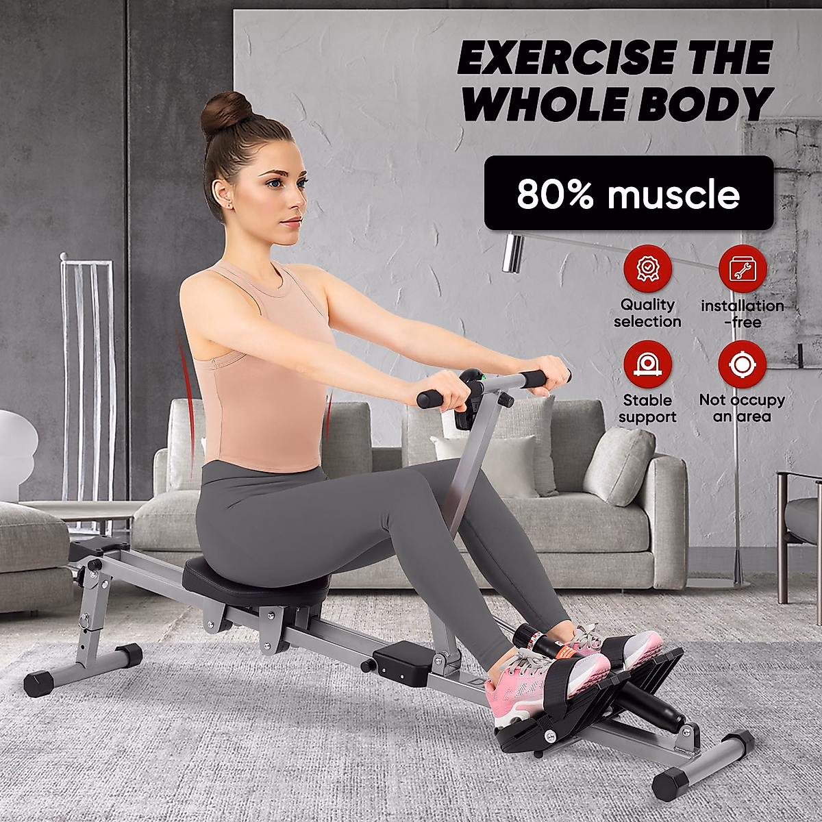 DELLFY Rowing Machine,Rowing Machines for Home Use Foldable,Rower Machine for a Living Room Workspace,Extended Silent Dual-Track,8 Steel Ball Bearing Pulleys.