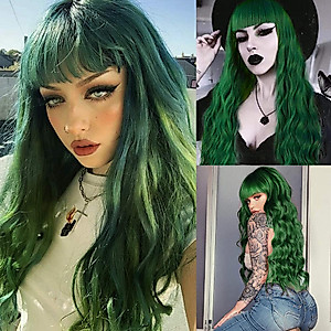 Sallcks Womens Long Curly Wavy Green Wig with Bangs Halloween Cosplay Costume Full Wigs Synthetic Fiber Green Hair Wigs with Wig Cap