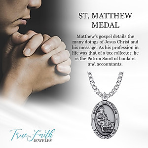 TrueFaithJewelry Sterling Silver St Matthew Medal Patron Saint Pendant Necklace Religious Jewelry, 7/8 Inch