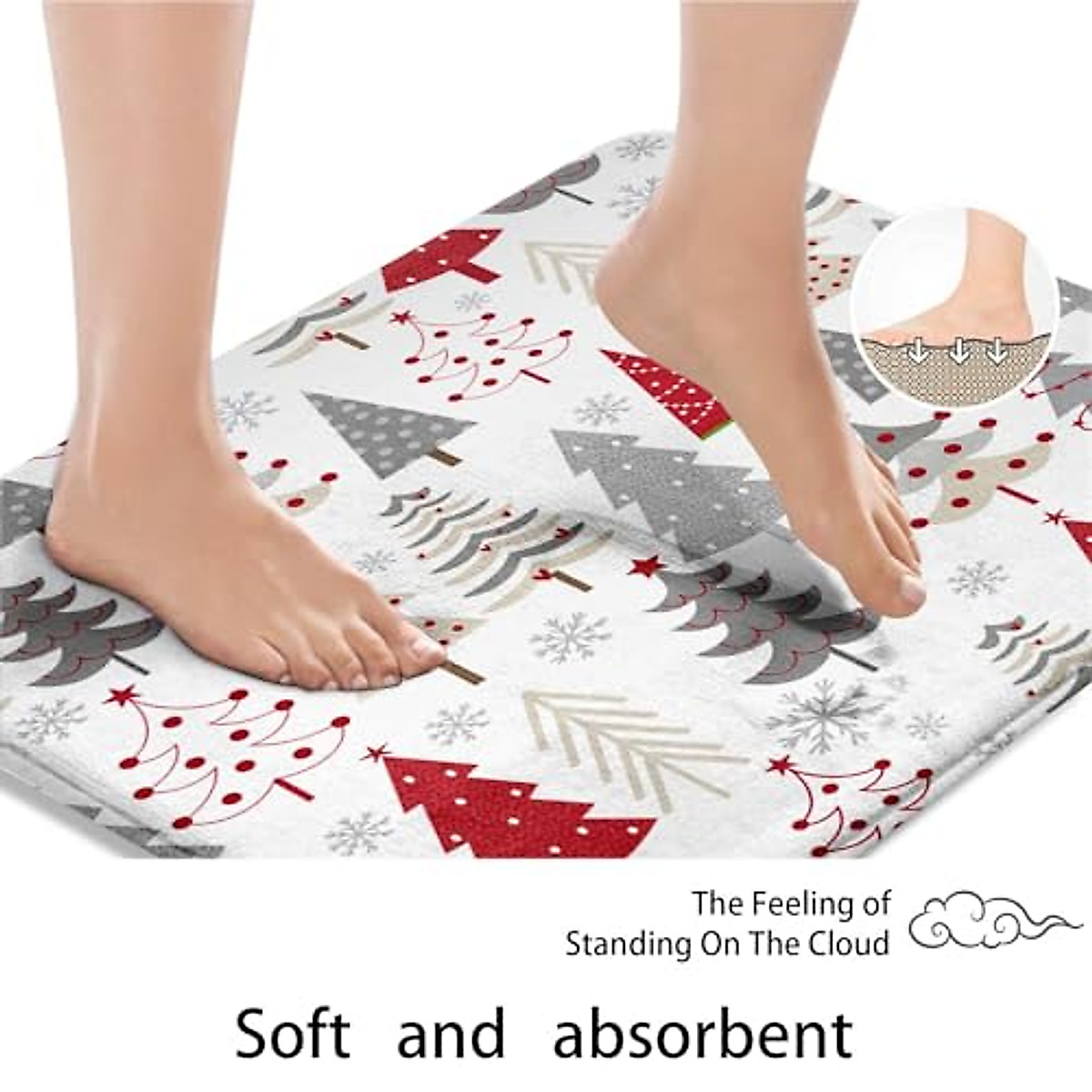 ArtSocket Bathroom Rugs and Mats Set 3 Piece, Christmas Trees Red Doodle Holly Absorbent Microfiber Memory Foam Bath Mat Machine Washable Bathroom Floor Mats