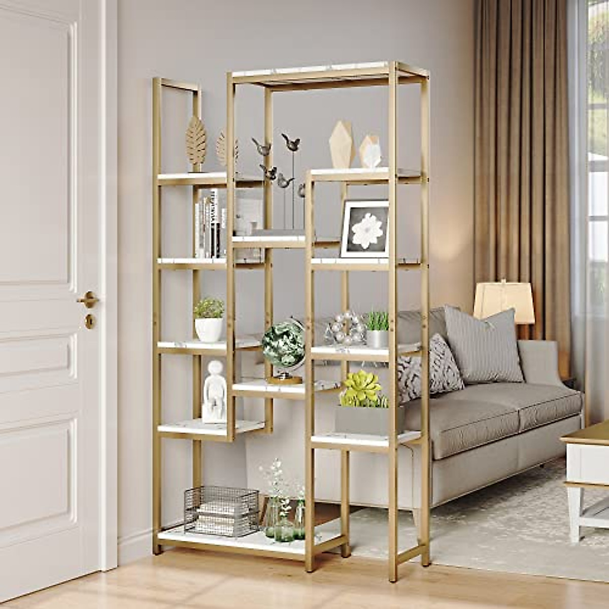 YITAHOME 6 Tier Gold Bookshelf, 71” Tall Modern Free Standing Bookshelf with 12 Shelf Bookcase, Faux Marble Open Display Storage Book Shelves for Living Room Bedroom Office Home, Gold & Marble