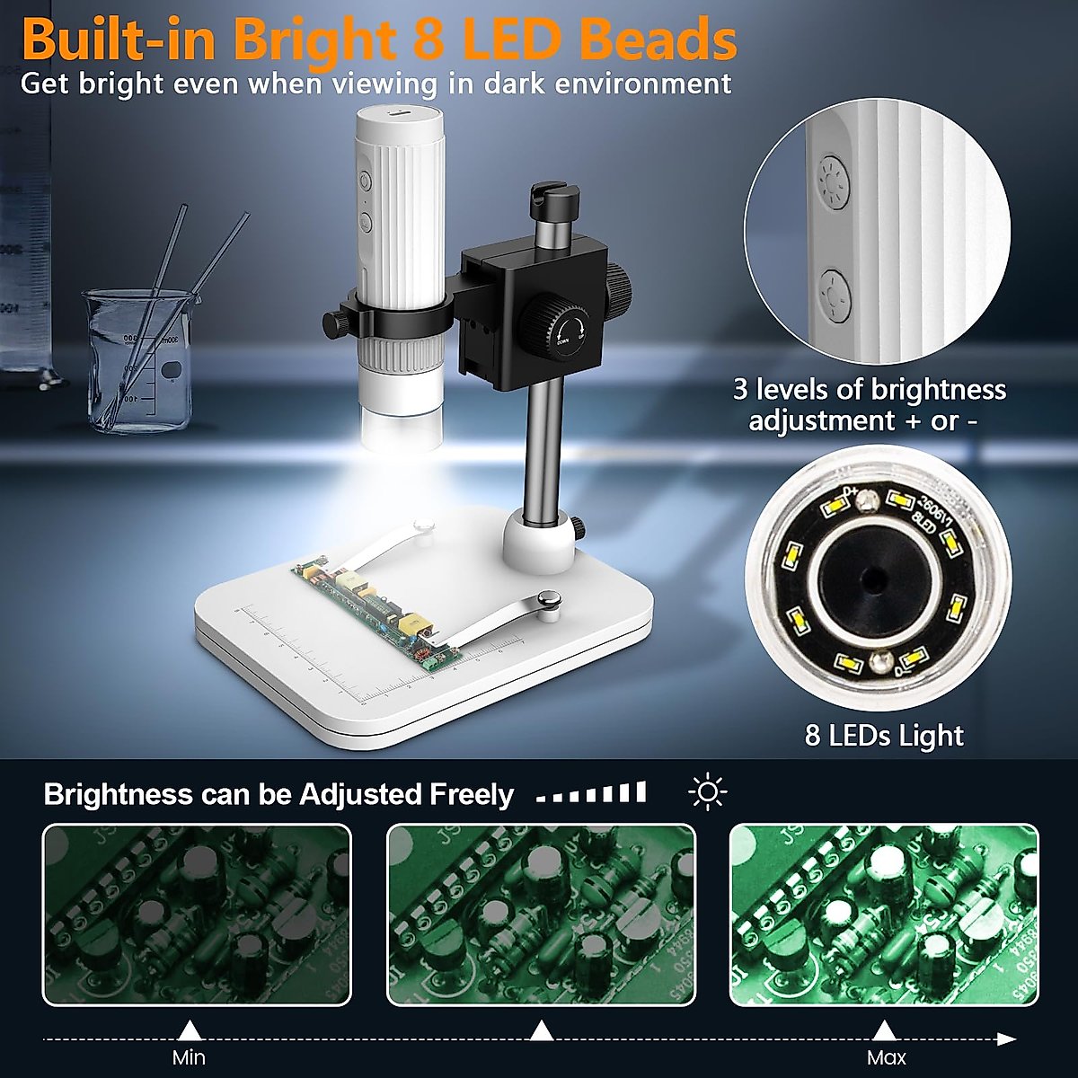Wireless Digital Microscope Camera, GUVOP 50X-1000X Magnification WiFi Portable Handheld USB Microscopes with 8 LED & Stand,Compatible for iPhone, Android, Electronic Microscope for Kids Adults-White